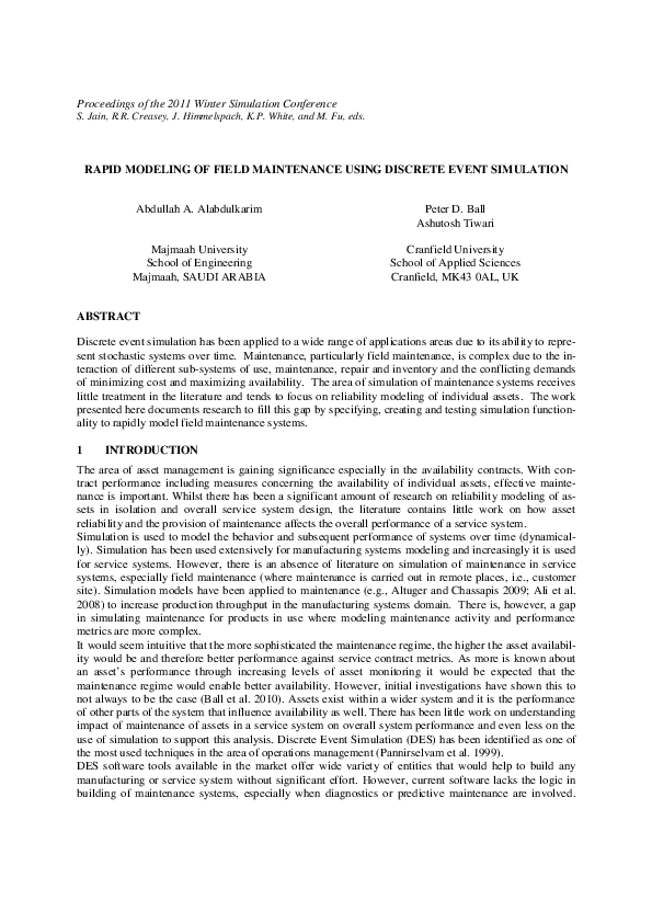 (PDF) Rapid modeling of field maintenance using discrete event simulation