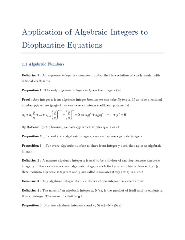 (PDF) Algebraic Integers in Diophantine Solutions