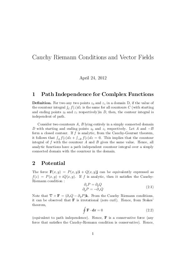 (PDF) Cauchy Riemann Conditions and Conservative Vector Fields