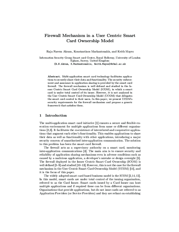 (PDF) Firewall mechanism in a user centric smart card ownership model