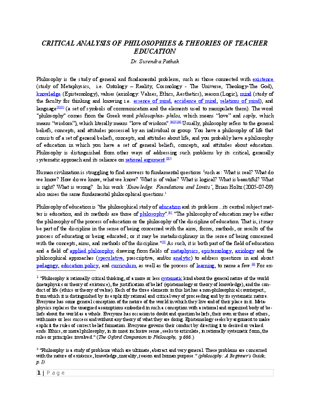 (DOC) CRITICAL ANALYSIS OF PHILOSOPHIES & THEORIES OF TEACHER EDUCATION