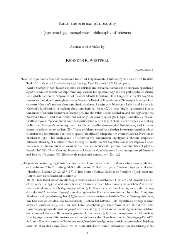 (PDF) K R Westphal - Abstracts, Kant: Theoretical Philosophy