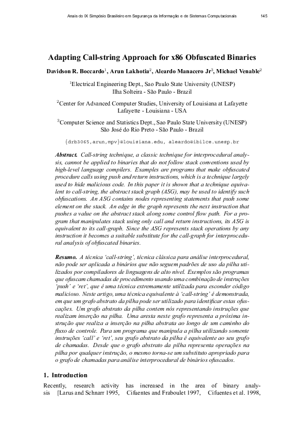 (PDF) Adapting call-string approach for x86 obfuscated binaries