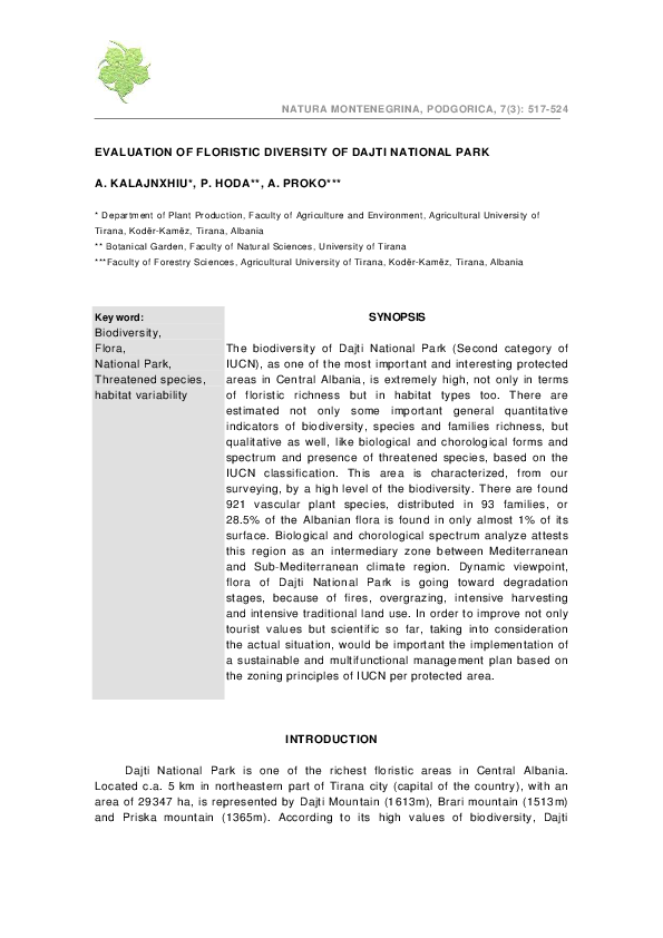 (PDF) Evaluation of floristic diversity of Dajti National Park