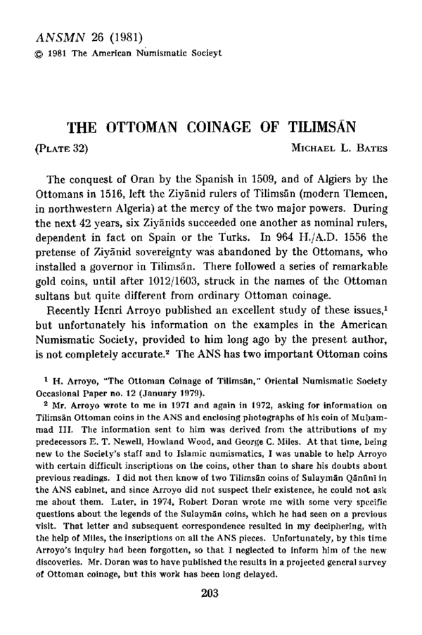(PDF) The Ottoman Coinage of Tilimsan