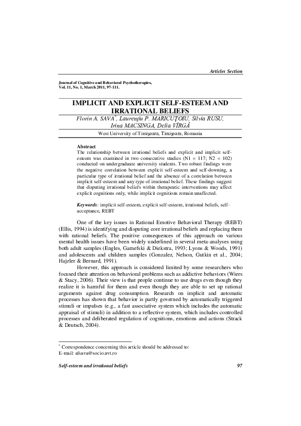 (PDF) Implicit and explicit self-esteem and irrational beliefs