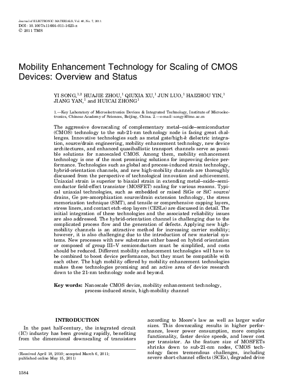 Pdf Mobility Enhancement Technology For Scaling Of Cmos Devices Overview And Status
