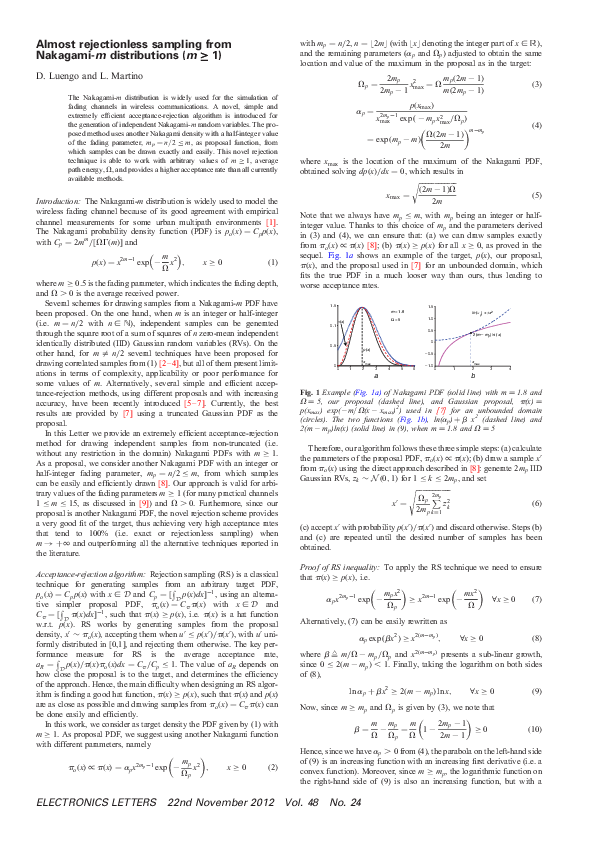 (PDF) Almost rejectionless sampling from Nakagami-m distributions (m≥1)