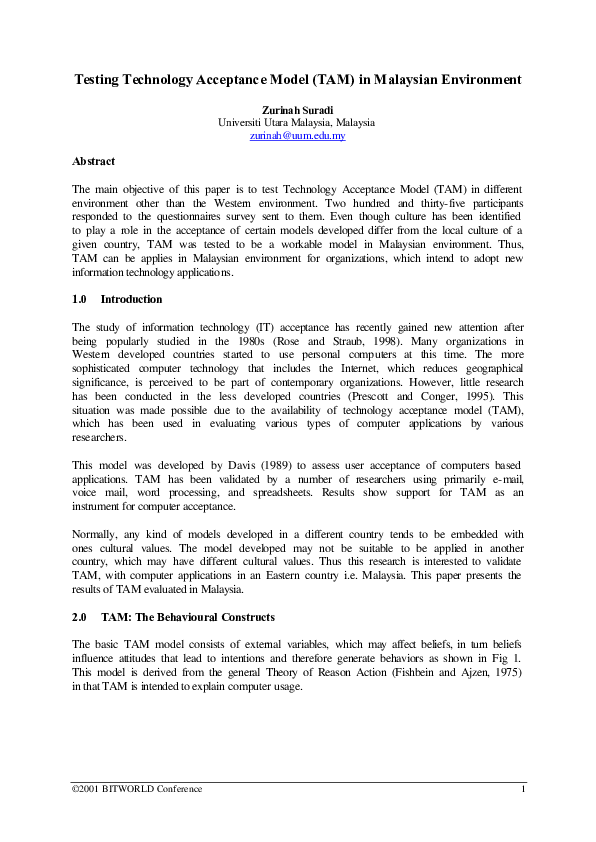 (PDF) Testing Technology Acceptance Model (TAM) In Malaysian Environment