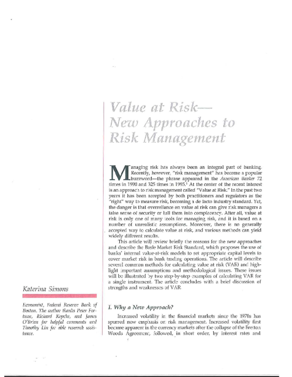 (PDF) Value at risk: new approaches to risk management