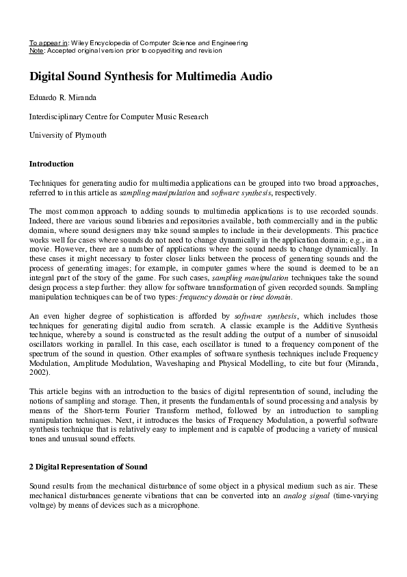 (PDF) Digital Sound Synthesis for Multimedia Audio