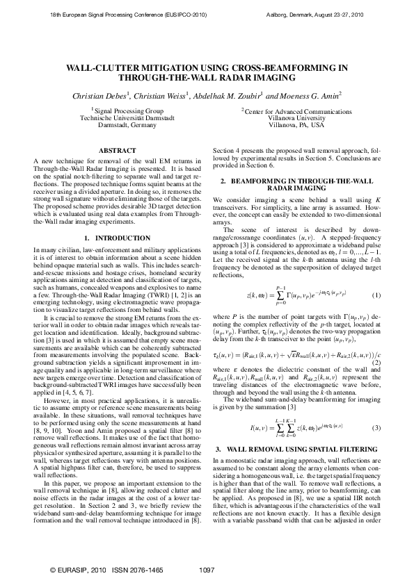 Pdf Wall Clutter Mitigation Using Cross Beamforming In Through The Wall Radar Imaging