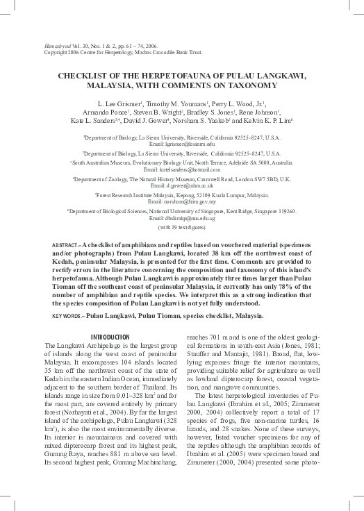 (PDF) Checklist of the herpetofauna of Pulau Langkawi, Malaysia, with comments on taxonomy