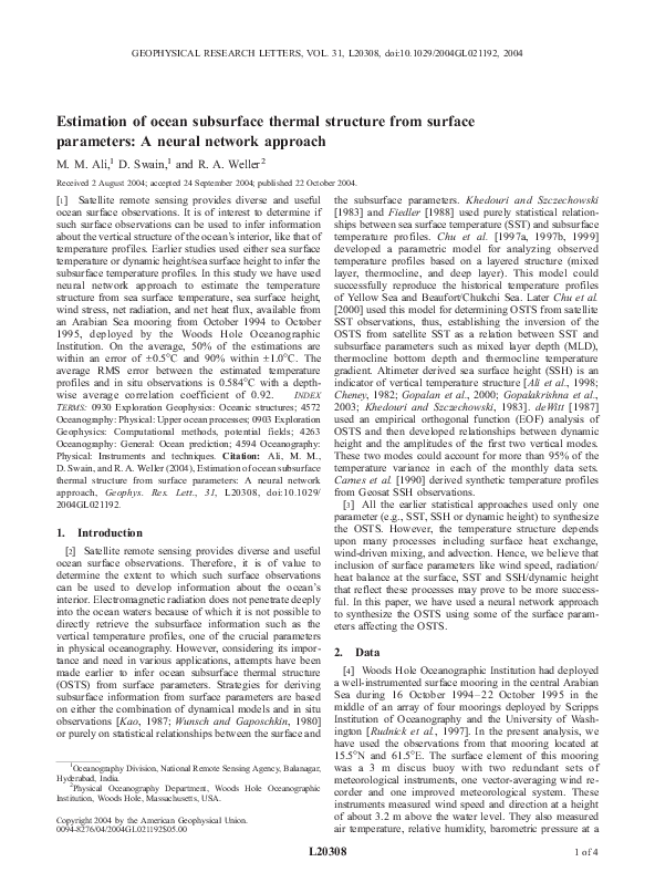Pdf Estimation Of Ocean Subsurface Thermal Structure From Surface Parameters A Neural Network
