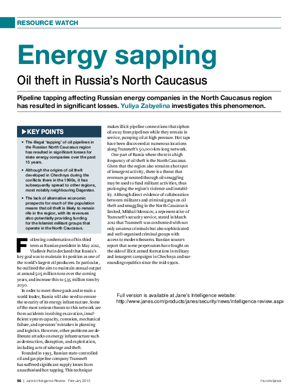(PDF) Oil Sapping: Oil Theft in Russia's North Caucasus