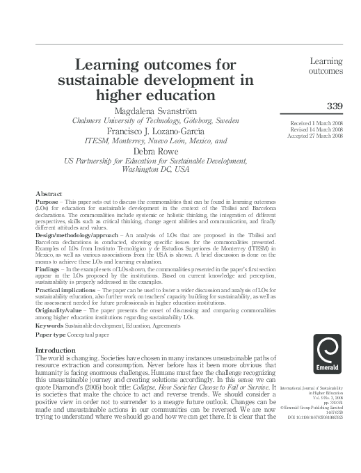 (PDF) Learning outcomes for sustainable development in higher education
