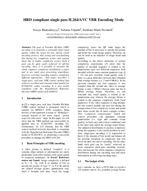 (PDF) HRD compliant single pass H.264/AVC VBR encoding mode