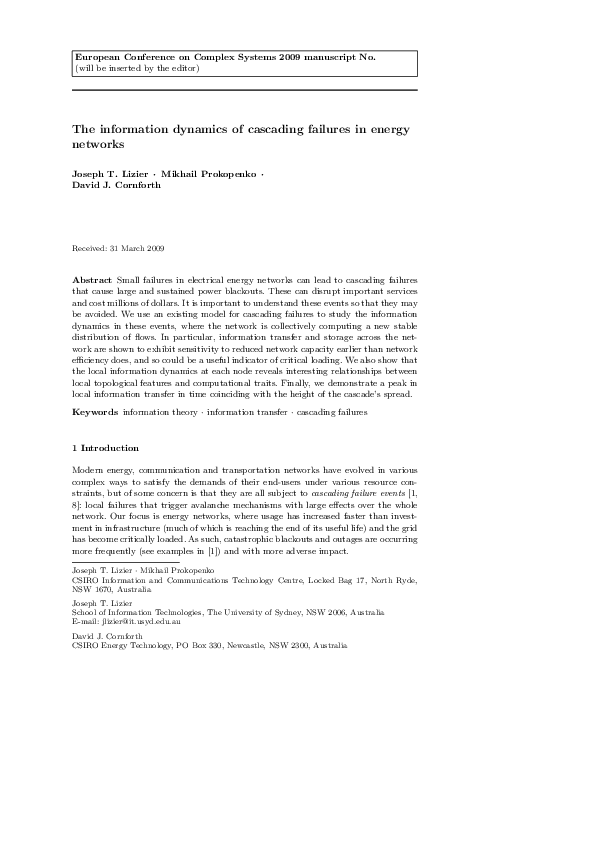 (PDF) The information dynamics of cascading failures in energy networks