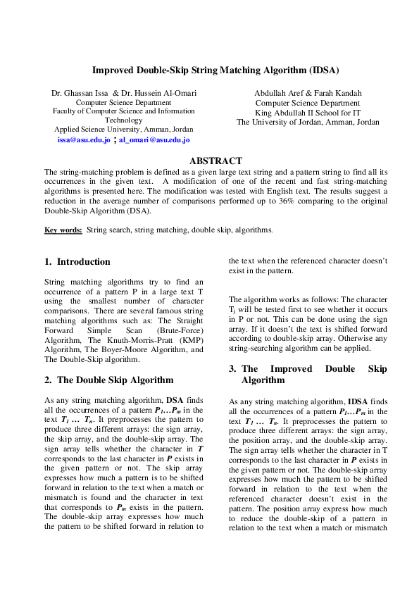 (PDF) Improved Double-Skip String Matching Algorithm (IDSA)