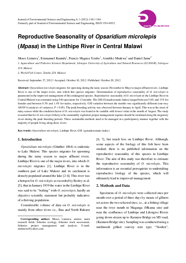 (PDF) Reproductive Seasonality of Opsaridium microlepis (Mpasa) in the ...