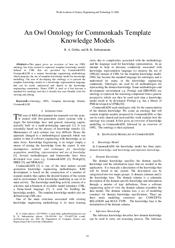 (PDF) An Owl Ontology for Commonkads Template Knowledge Models