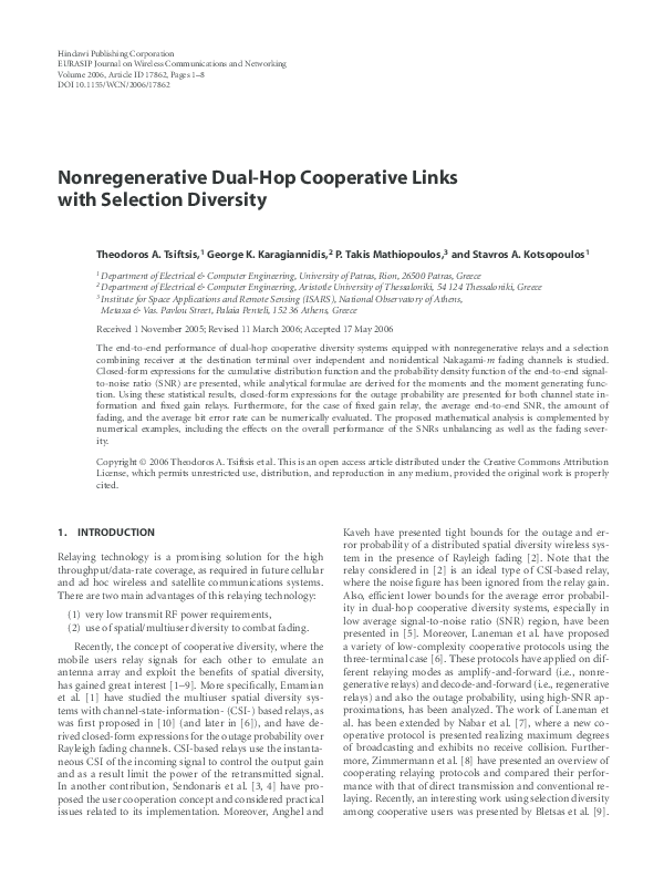 (PDF) Nonregenerative Dual-Hop Cooperative Links with Selection Diversity