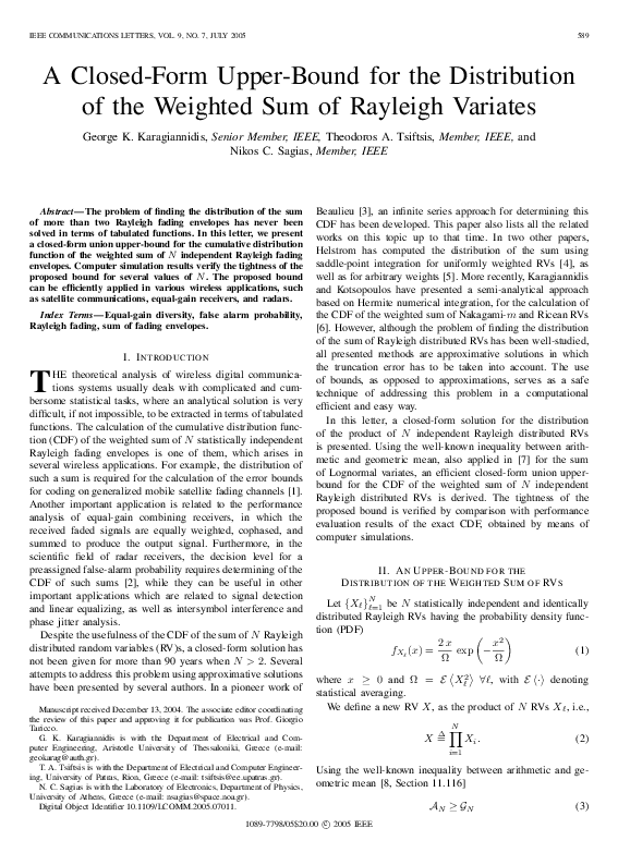 Pdf A Closed Form Upper Bound For The Distribution Of The Weighted Sum Of Rayleigh Variates