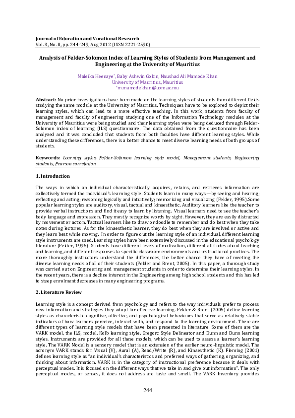 (PDF) Analysis of Felder-Solomon Index of Learning Styles of Students ...