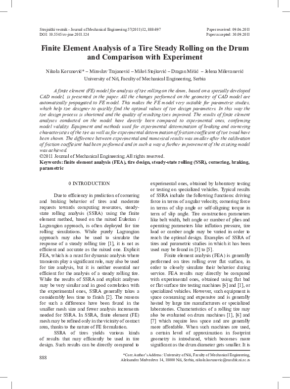 Pdf Finite Element Analysis Of A Tire Steady Rolling On The Drum And