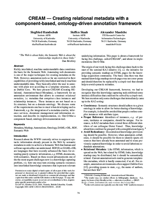 (PDF) CREAM: creating relational metadata with a component-based, ontology-driven annotation ...