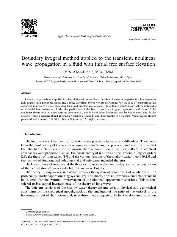 Pdf Boundary Integral Method Applied To The Transient Nonlinear Wave