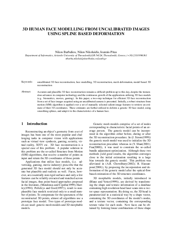 (PDF) 3D Human Face Modelling From Uncalibrated Images Using Spline ...