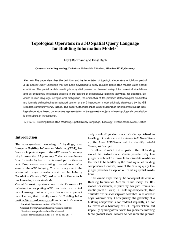 Pdf Topological Operators In A 3d Spatial Query Language For Building Information Models