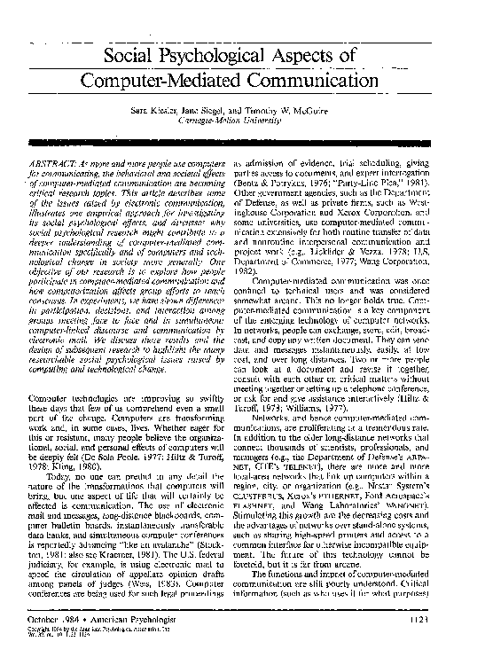 (PDF) Social psychological aspects of computer-mediated communication