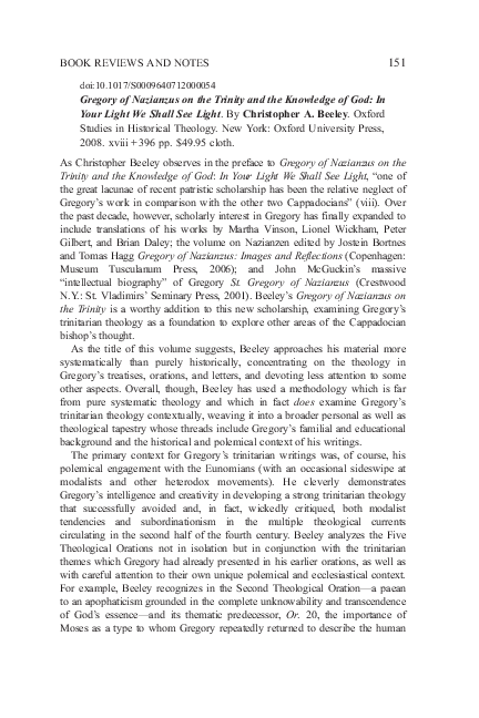 (PDF) Book review: Beeley, Christopher. Gregory of Nazianzus on the ...