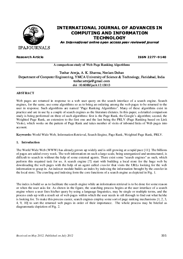 (PDF) A comparison study of Web Page Ranking Algorithms