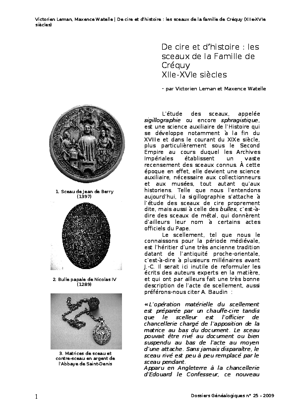 (DOC) "De cire et d'histoire : les sceaux de la famille de Créquy (XIIe ...