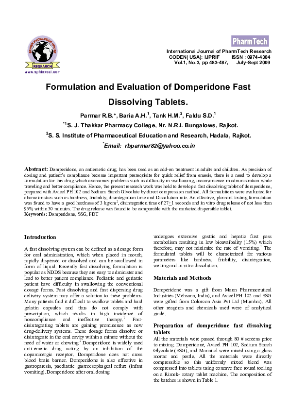 Pdf Formulation And Evaluation Of Domperidone Fast Dissolving Tablets