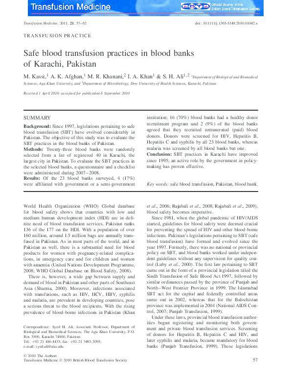 (PDF) Safe blood transfusion practices in blood banks of Karachi, Pakistan