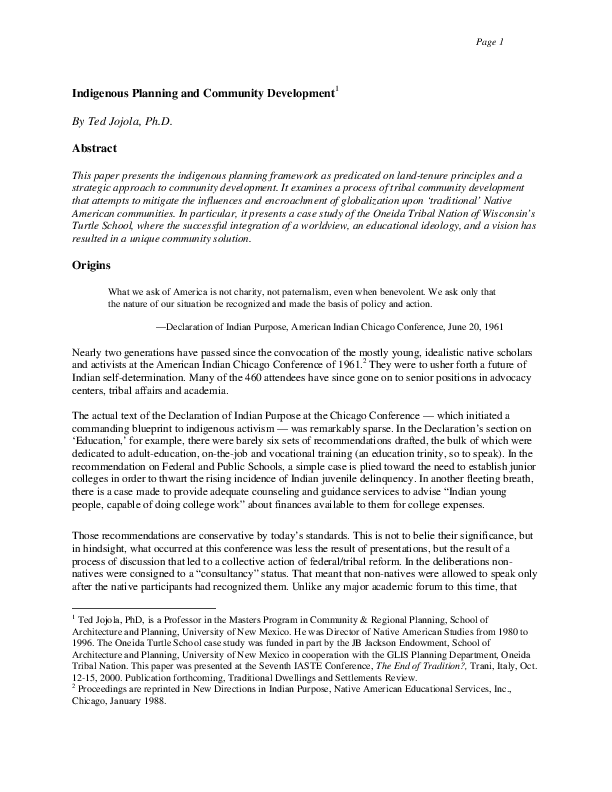 (PDF) Indigenous planning and community development