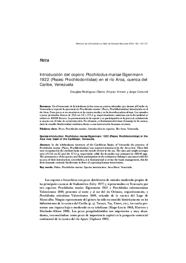 (PDF) Introducción del coporo Prochilodus mariae Eigenmann 1922 (Pisces ...