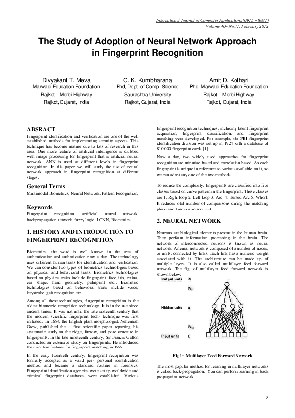 (PDF) The Study of Adoption of Neural Network Approach in Fingerprint Recognition