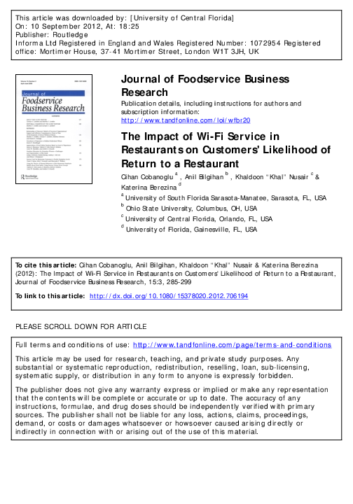 (PDF) The Impact of Wi-Fi Service in Restaurants on Customers ...