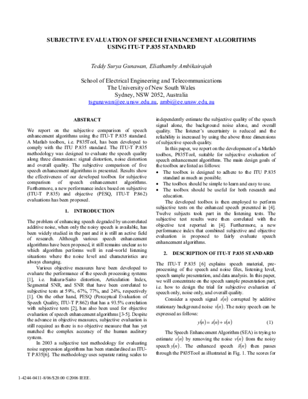 Pdf Subjective Evaluation Of Speech Enhancement Algorithms Using Itu