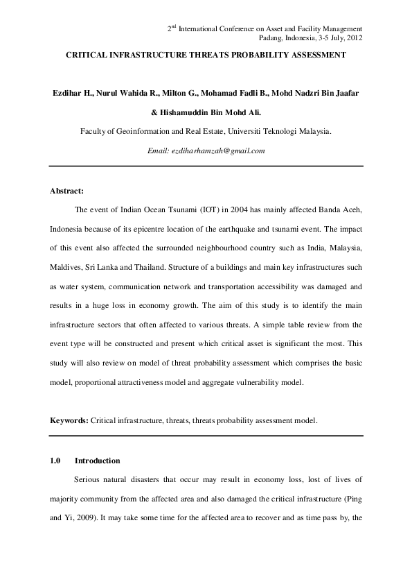 (PDF) CRITICAL INFRASTRUCTURE THREATS PROBABILITY ASSESSMENT