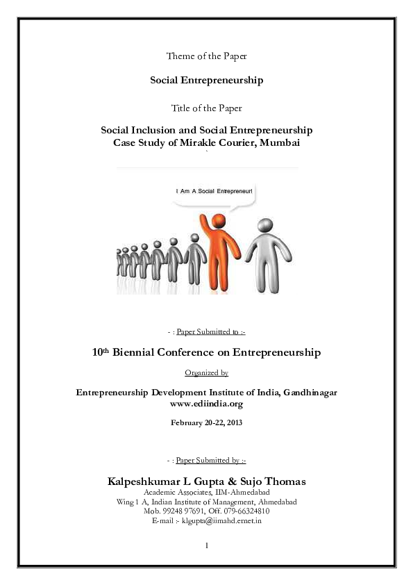 (PDF) Social Inclusion & Social Entrepreneurship - Case Study of Mirakle Courier