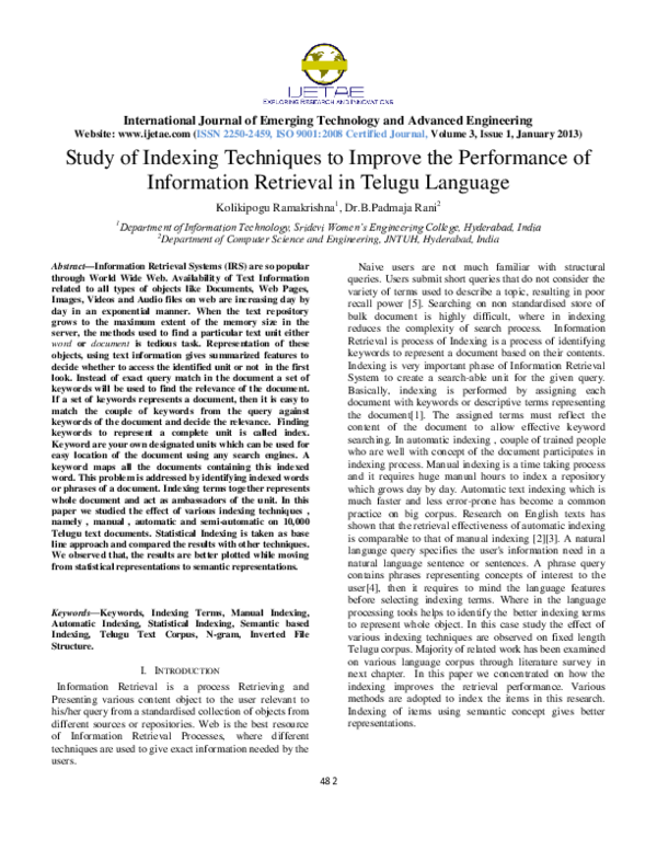 (PDF) Study of Indexing Techniques to Improve the Performance of Information Retrieval i n ...