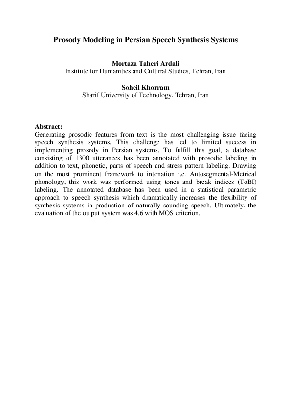 (PDF) Prosody Modeling in Persian Speech Synthesis Systems