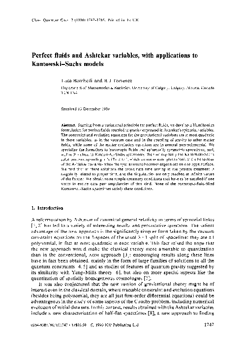 (PDF) Perfect fluids and Ashtekar variables, with applications to Kantowski-Sachs models