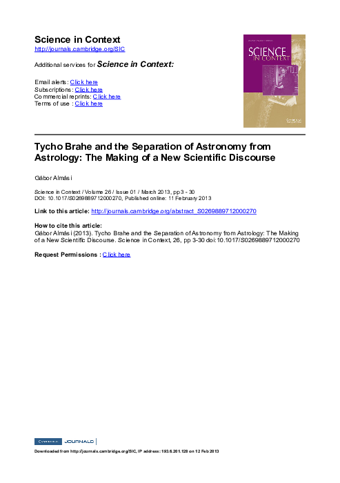 (PDF) Tycho Brahe and the Separation of Astronomy from Astrology: The ...